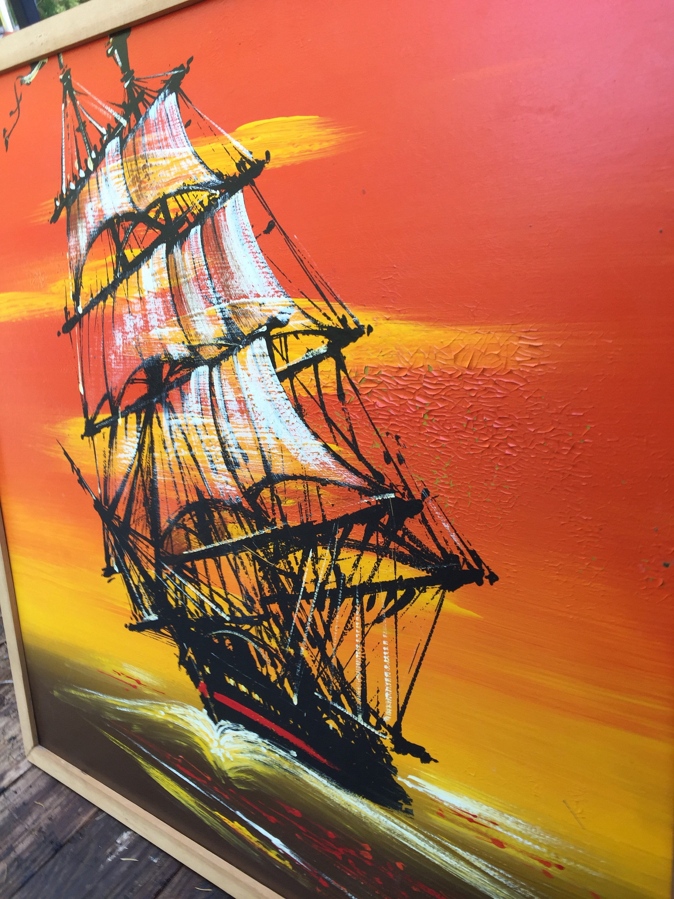 Big Vintage Signed Pirate Ship Painting Schooner Chandlery